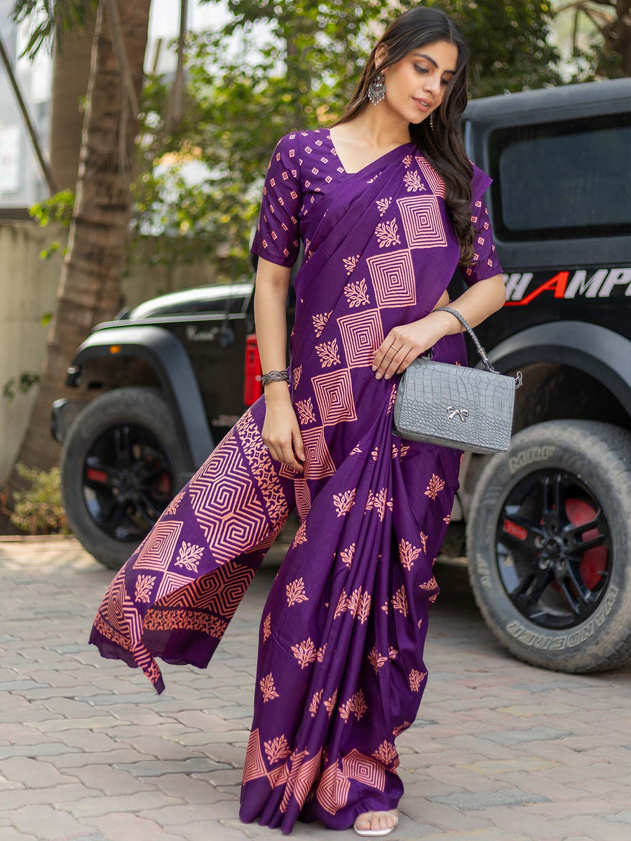 Women's Dola Silk Purple Printed Designer Saree With Blouse Piece – Trendia