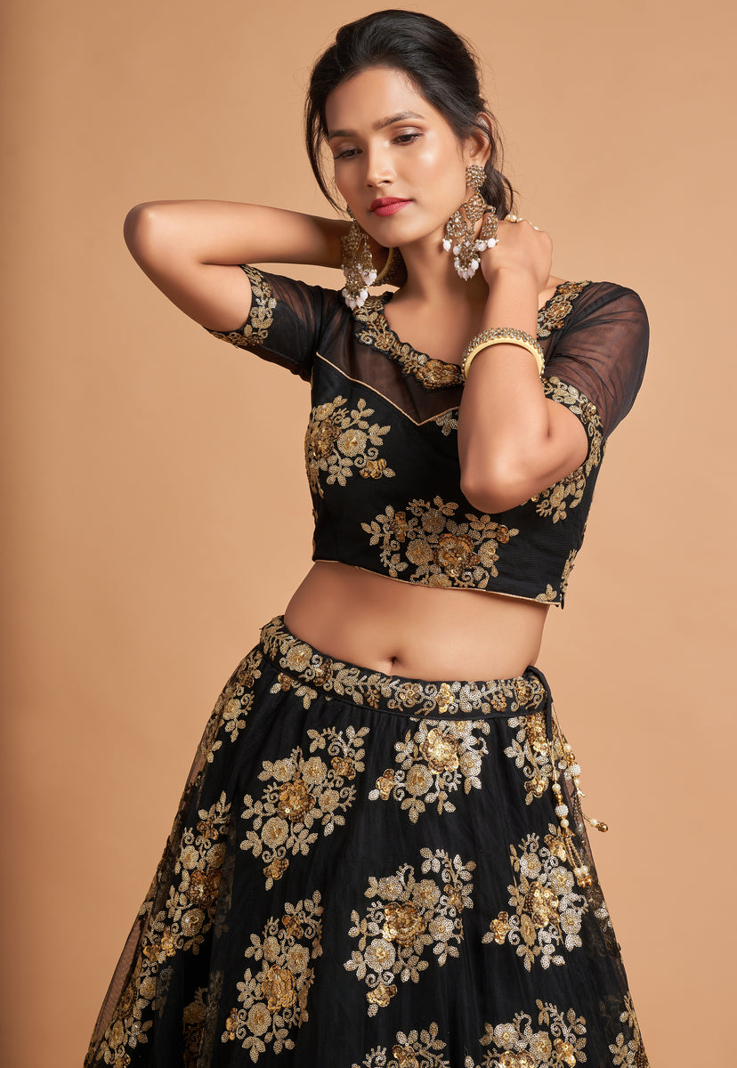 Women's Sublime Black Soft Net Semi-Stitched Bridal Lehenga Choli – Trendia