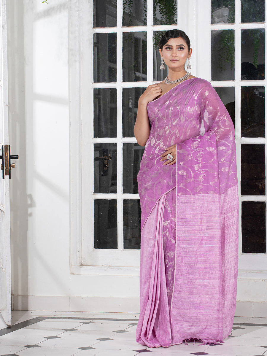 Women's Lavender Silk Matka Body Creeper Design All Over Silver Zari C ...