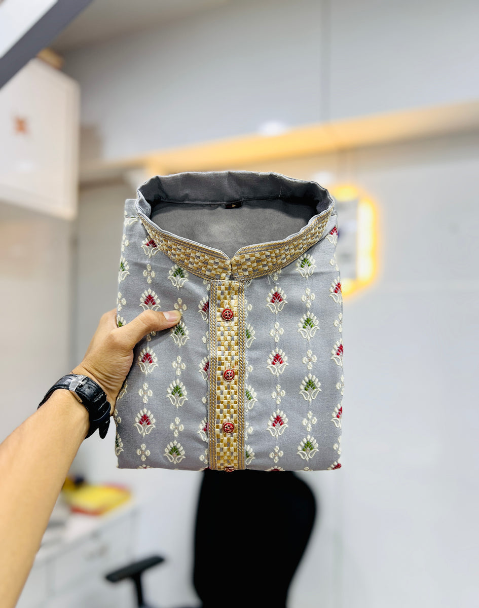 Men's Grey Jecqurd Silk Emboj Work with Daaman Concept Border Kurta Se – Trendia