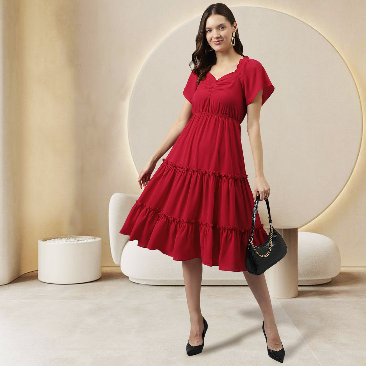 Women's Pink Rayon Solid Tiered Western Dress – Trendia