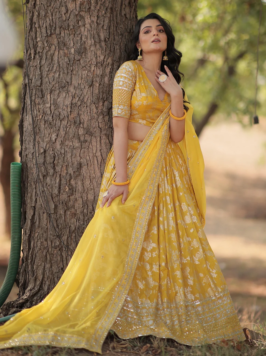 Womens Yellow Silk Embroidered Lehenga Set Trendia
