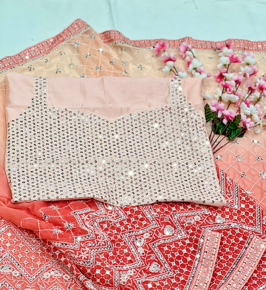 Women's Sequence Peach Saree With Unstiched Blouse Piece – Trendia