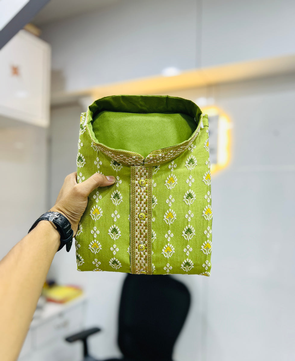 Men's Pista Green Jecqurd Silk Emboj Work with Daaman Concept Border K – Trendia