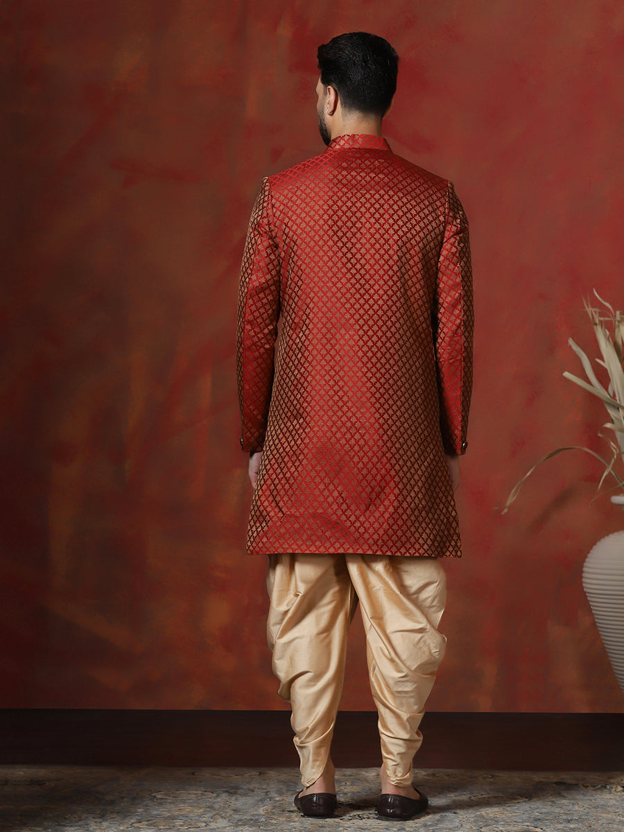 Men's Red Cotton Blend Sherwani Dhoti With Printed Design – Trendia