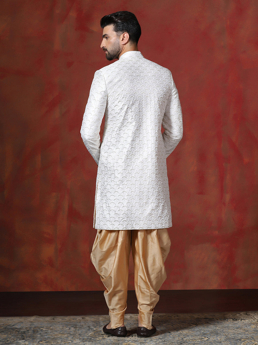 Men's White Cotton Blend Sherwani Dhoti With Embroidery Work – Trendia