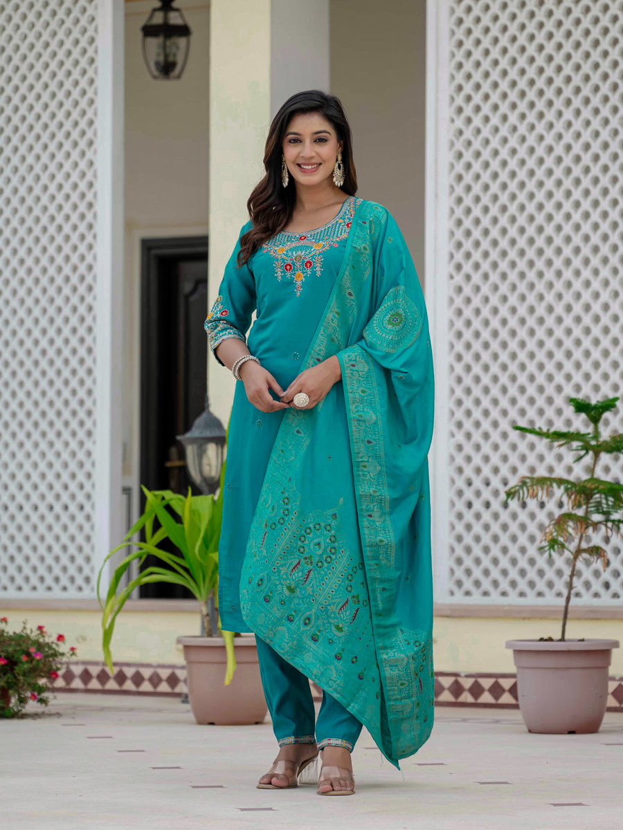 Women's Teal Premium Roman Silk Coding Embroidered Work Kurta Set With – Trendia