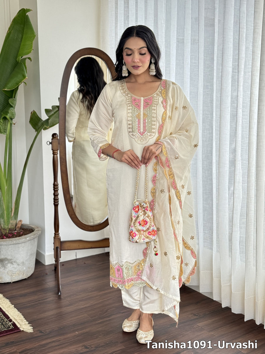 Women's Cream Viscose Chanderi Embroidery Kurta Set – Trendia