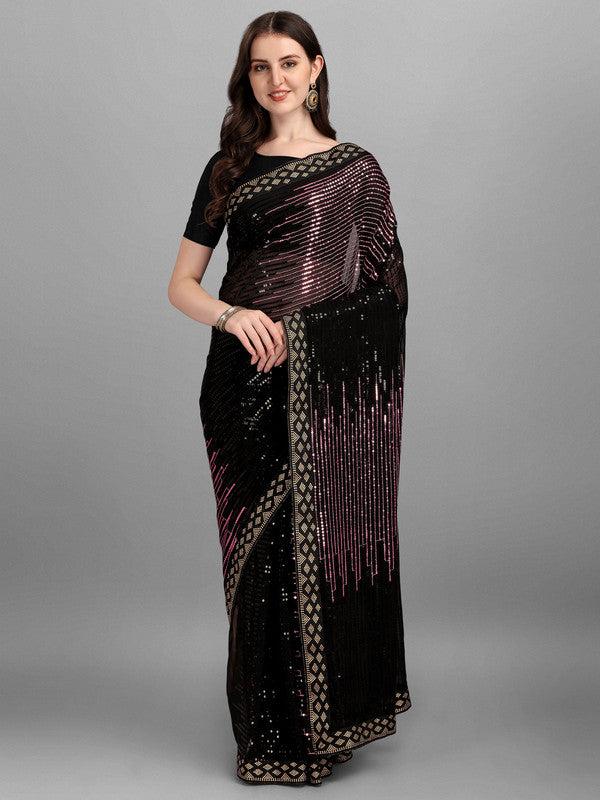 Women's Designer Georgette Double Color Sequence Embroidery Work Saree – Trendia