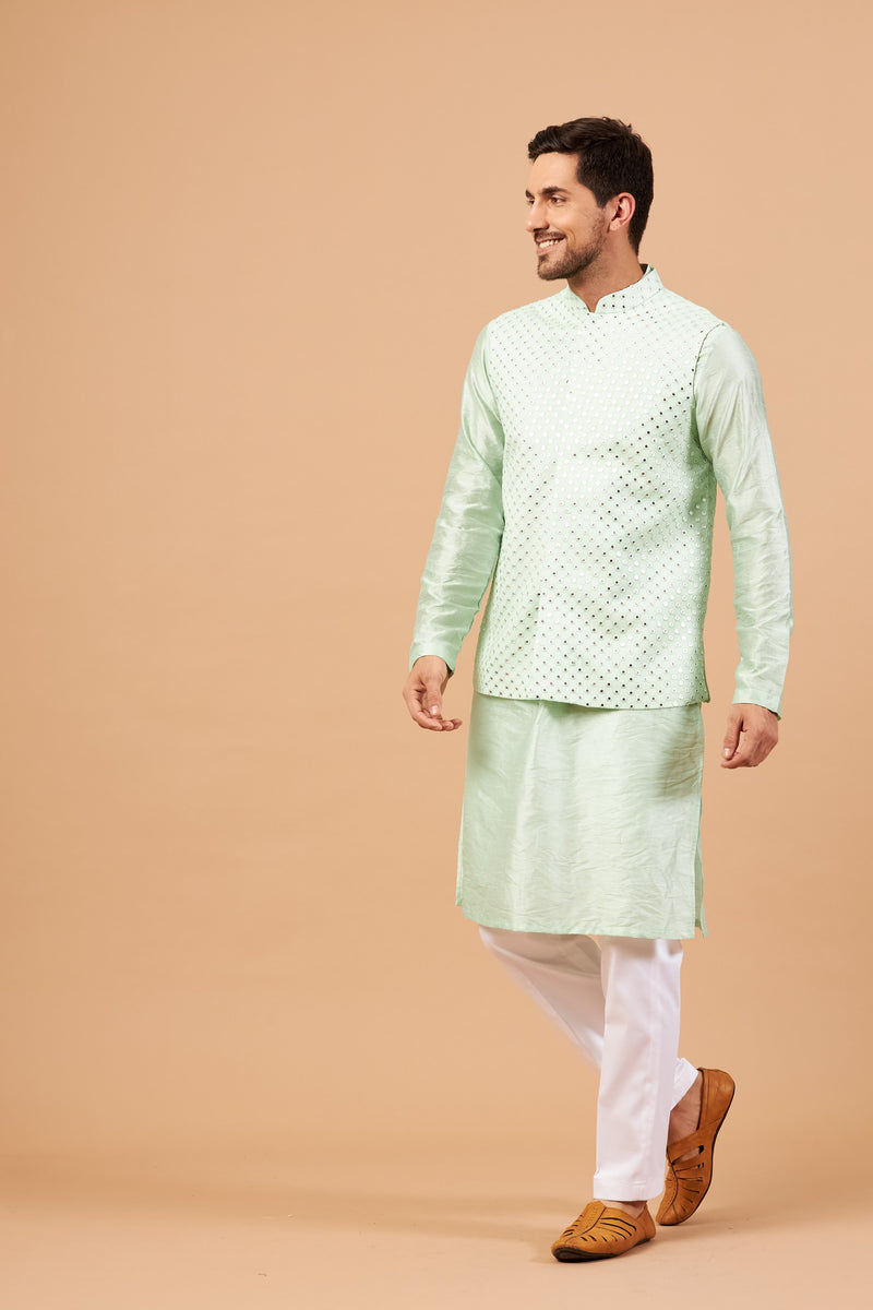 Men's Green Color Nehru Jacket With Kurta Pant Set – Trendia