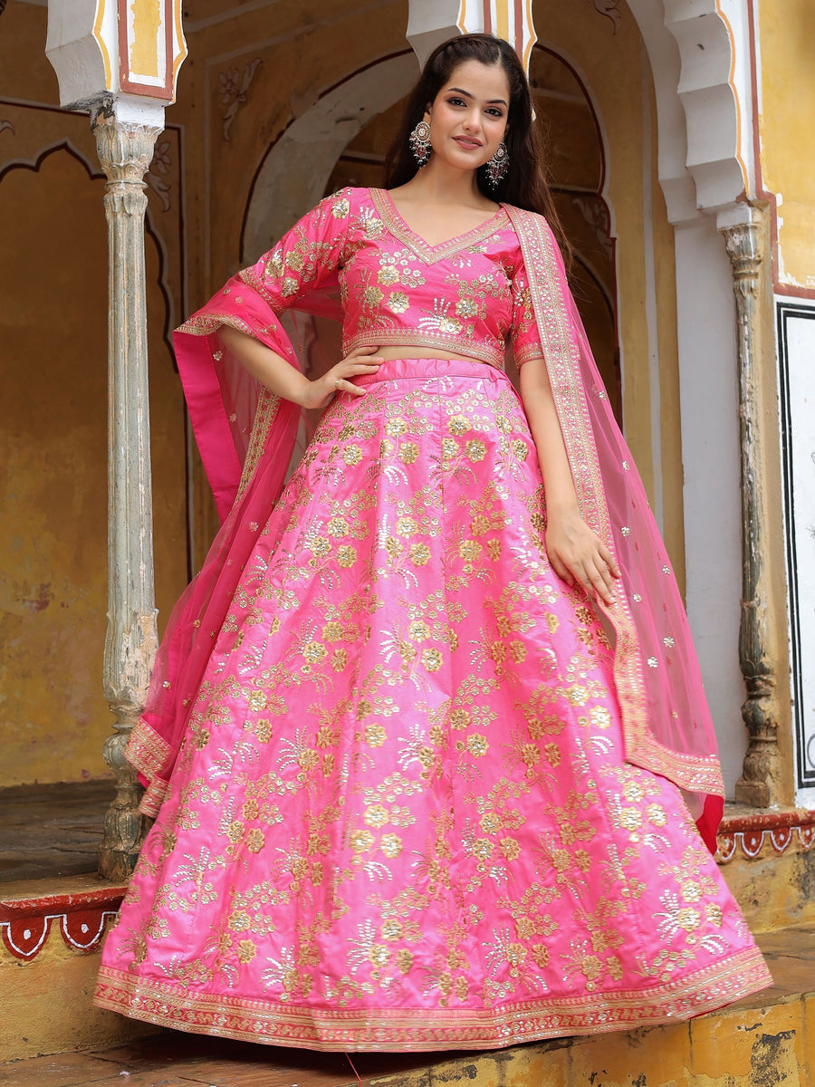 Women's Pink Silk Embroidered Lehenga Set – Trendia