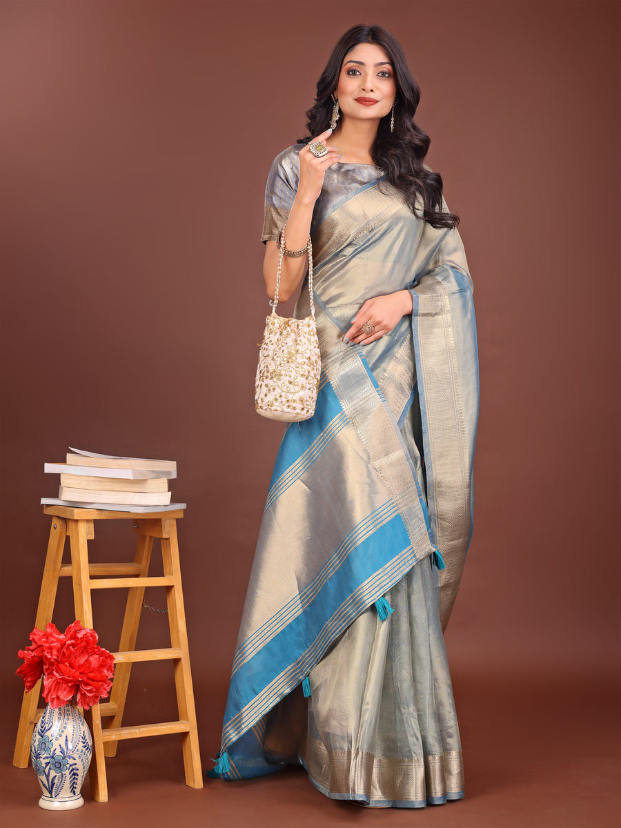 Women's Grey Organza With Thread Work And Zari Weaving Saree With Blou ...