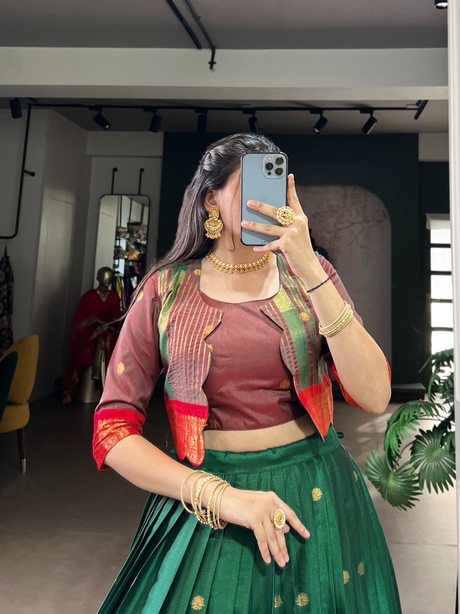 Women's Green Poly Cotton Zari Weaving Work Lehenga Choli With Koti ...