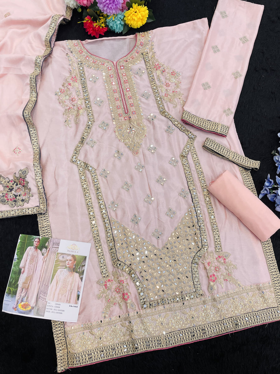 Women's Peach Silk Embroidered Kurta Set – Trendia