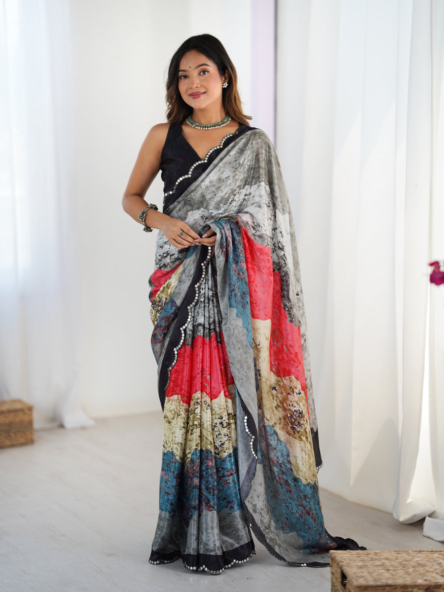 Women Grey Designer Digital Printed,Mirror Cut Work Chinon Saree – Trendia