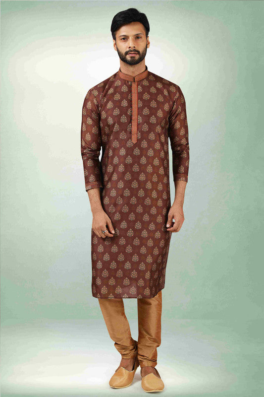 Men's Brown Art Silk Printed Work Kurta Pajama Set – Trendia