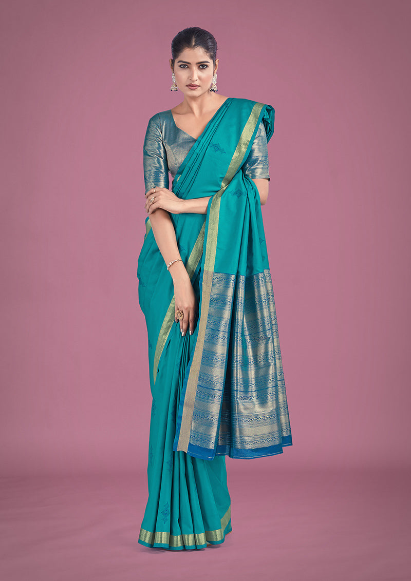 Women's Charming Turquoise Color Silk Golden Zari Woven Ceremony Saree ...