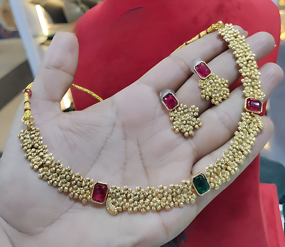 Women's Designer Gold Floral Necklace Set With Ruby Green Stones Elega ...