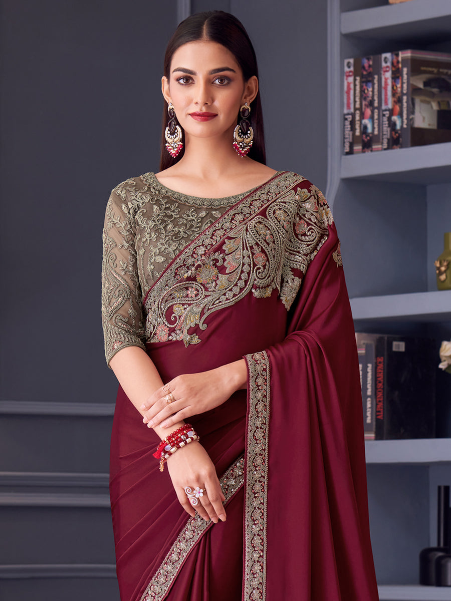 Women's Satin Maroon Embellished Designer Saree With Blouse Piece – Trendia