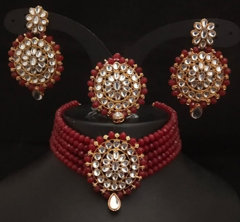 Women's Maroon Crystal Kundan Full Length Jewellery Set – Trendia