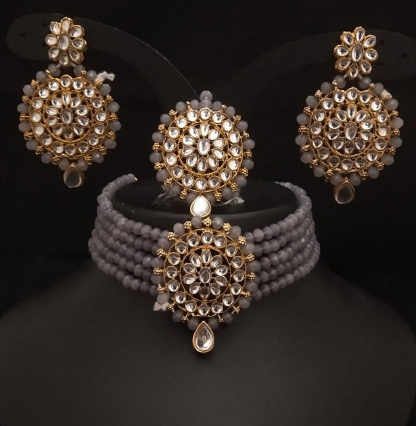 Women's Grey Crystal Kundan Full Length Jewellery Set – Trendia