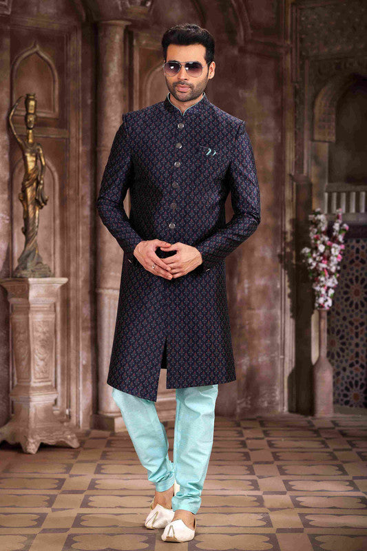 Men's Art Silk Digital Print Sherwani In Blue Colour – Trendia