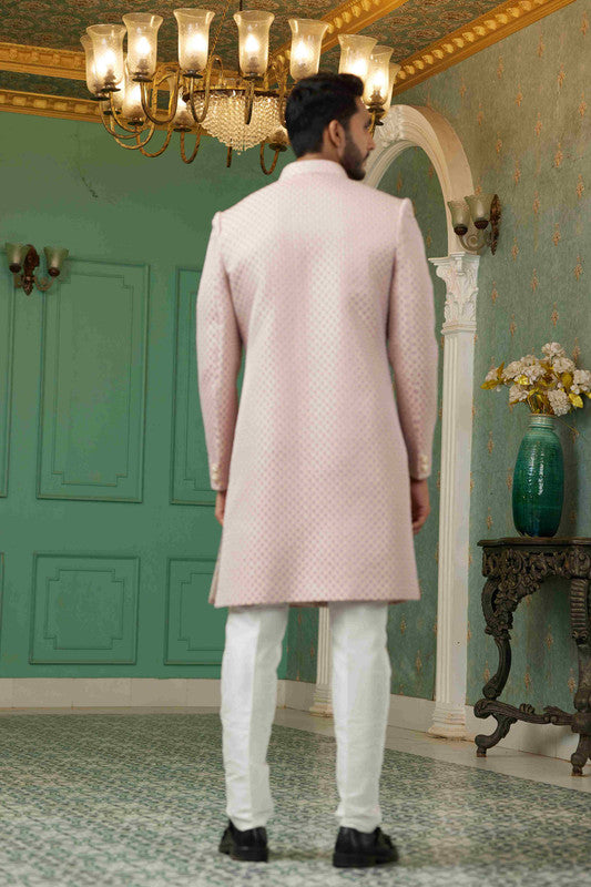 Men's Onion Pink Jacquard Silk Embroidery Sherwani Set – Trendia