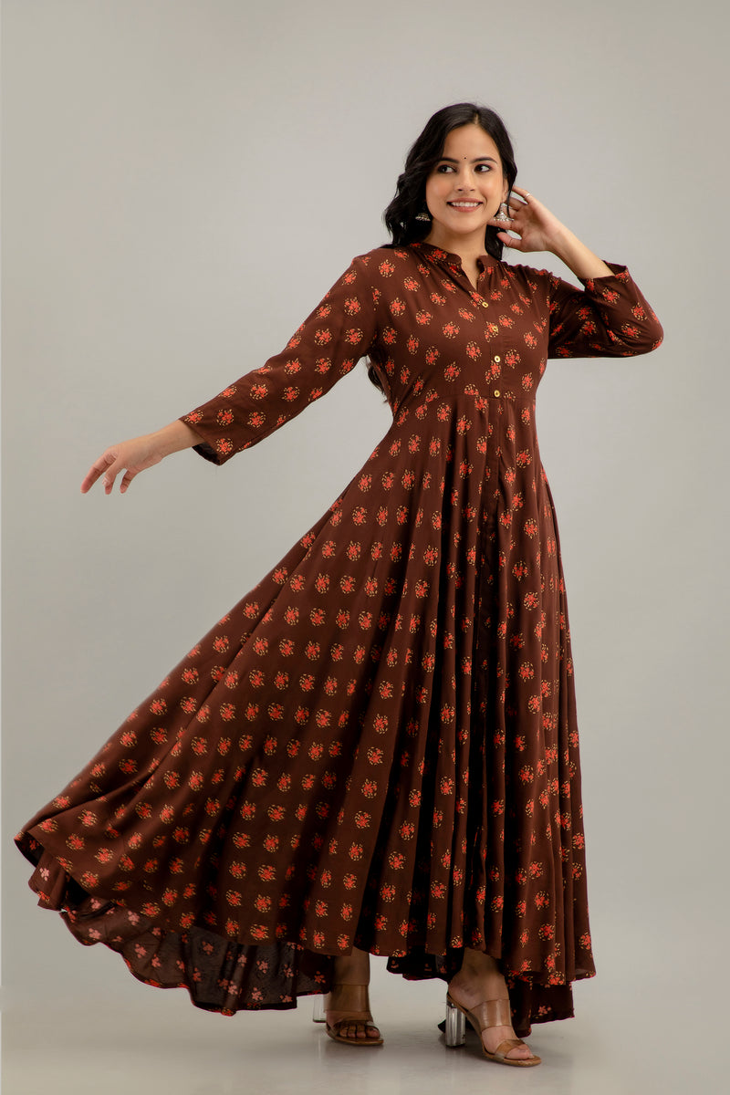 Women's Jaipurite Women Long Flared Printed Kurta In Brown – Trendia
