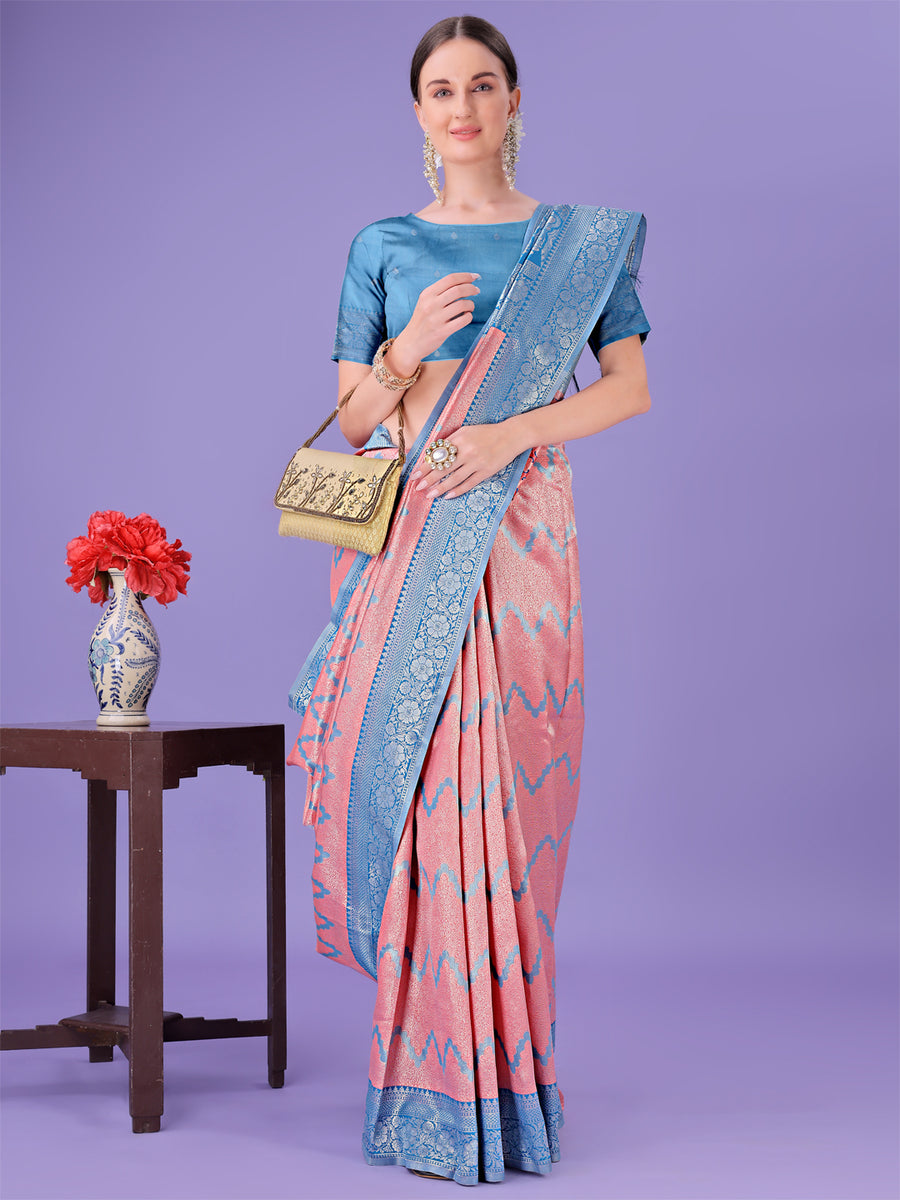 Women's Peach Lichi Silk With Printed And Zari Weaving Saree With Blou ...