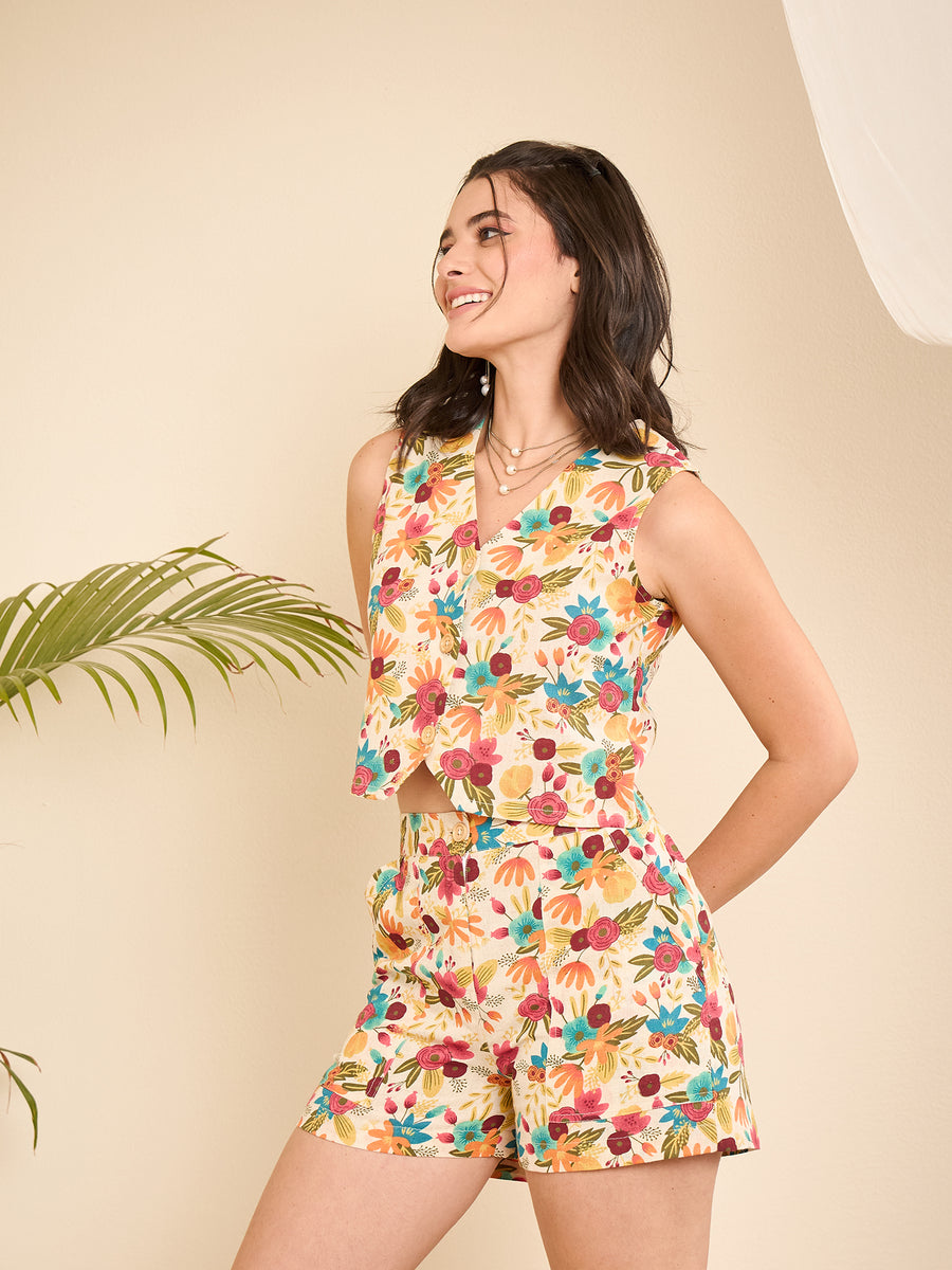 Women's Beige Cotton Printed V-Neck Co-Ord Set – Trendia