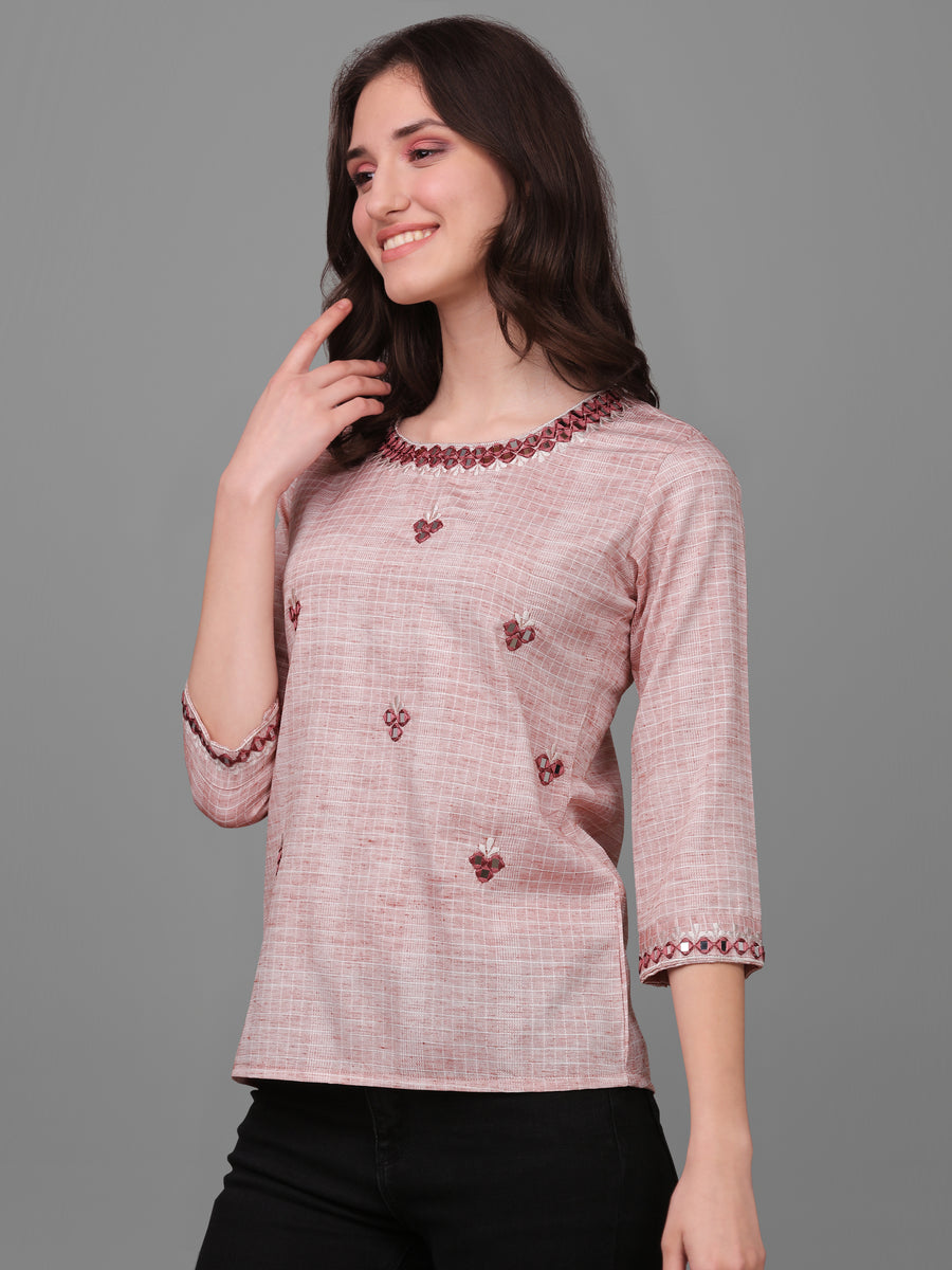 Women's Waist Length 3/4 Sleeves Casual Mirror Work Top (Pink) - Modes ...