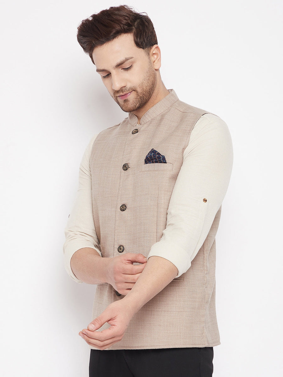 Men's Cream Color Nehru Jacket-Contrast Lining-Inbuilt Pocket Square ...