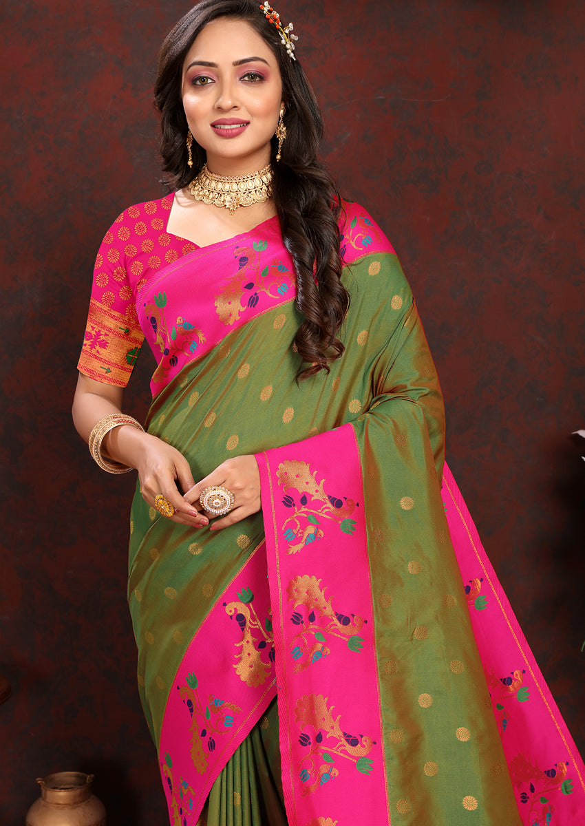 Women's New Paithani Silk Mehendi Green Color Zari Weaving Saree With ...