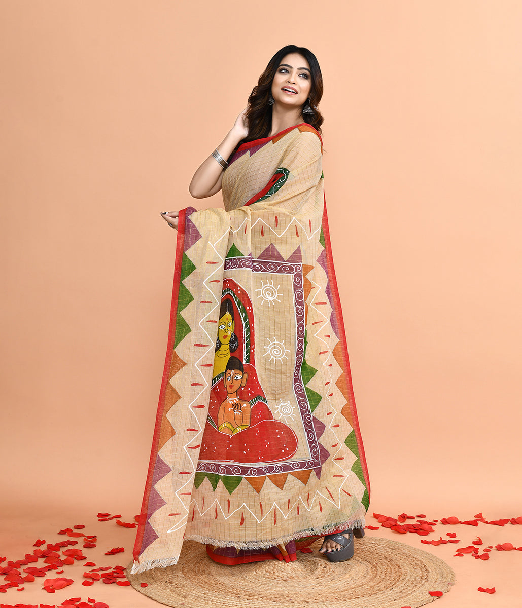 Women's Beige Khadi Printed Hand Print Saree – Trendia