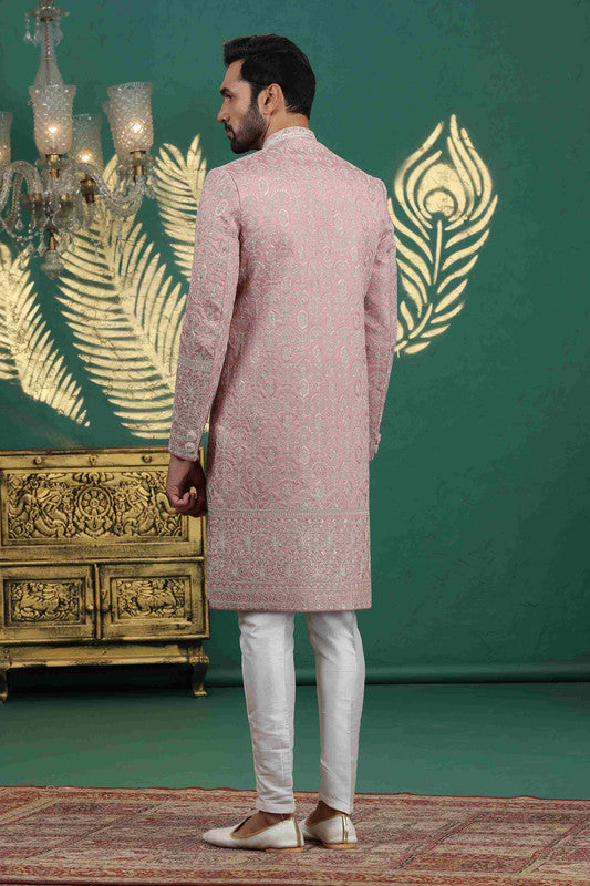 Men's Art Silk Thread Work Sherwani Set In Onion Pink Color – Trendia