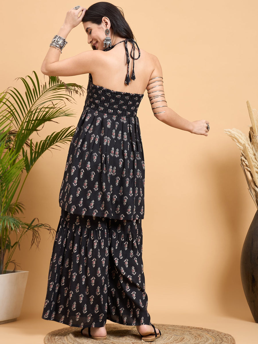 Women's Black Booti Rapid Print Backless Kurta Sharara Set – Trendia