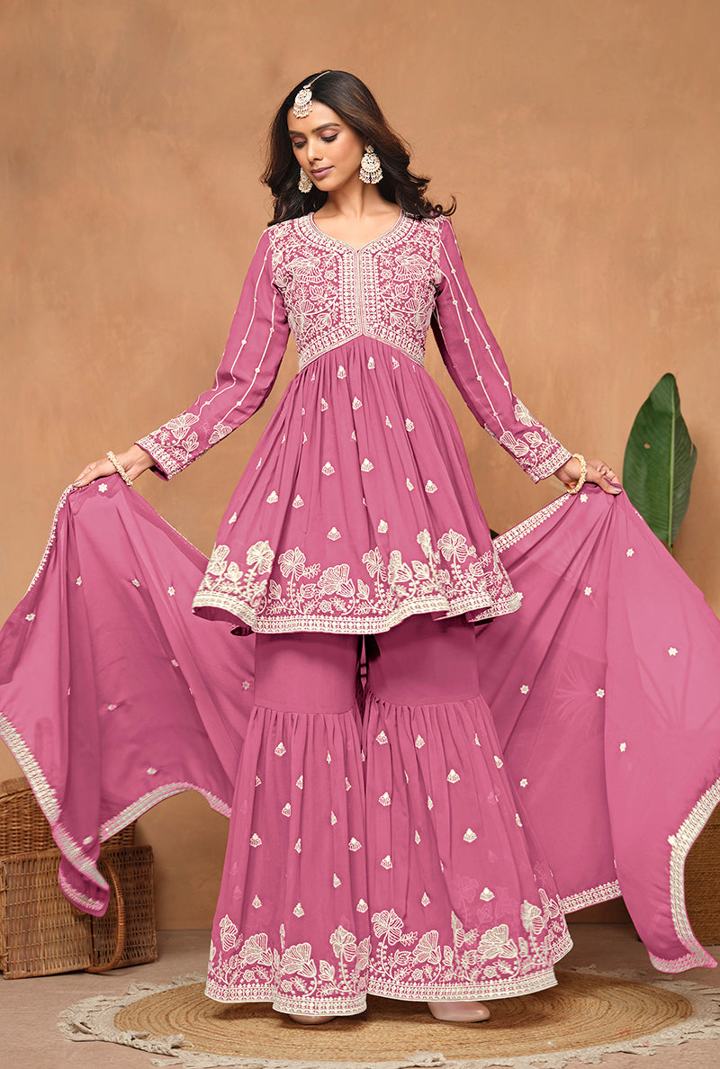 Women's Pink Faux Georgette Embroidered Salwar Kameez - Monjolika Fash ...