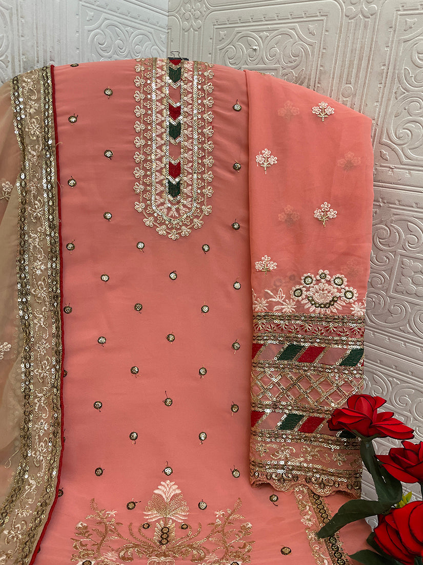 Women's Peach Embroidered Faux Georgette Designer Pakistani Salwar Kam ...