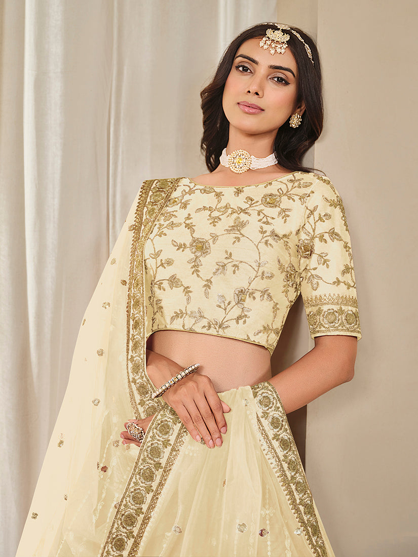Women's Embroidered Cream Reception Art Silk A Line Lehenga Choli – Trendia