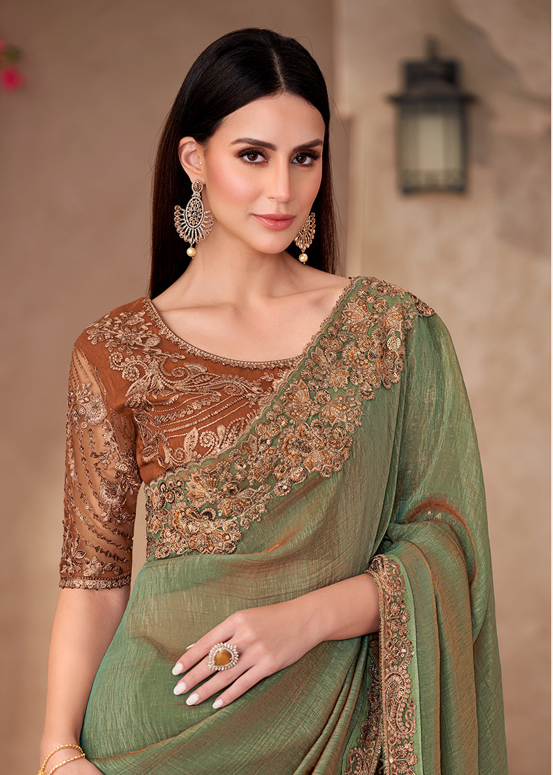 Women's Olive Green Georgette Border Work Mehendi Wear Saree With Blou ...