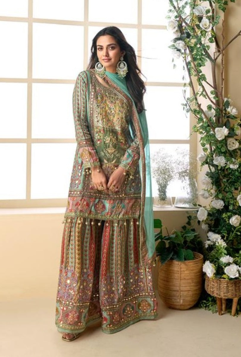Women's Sea Green Silk Printed Sharara Set – Trendia