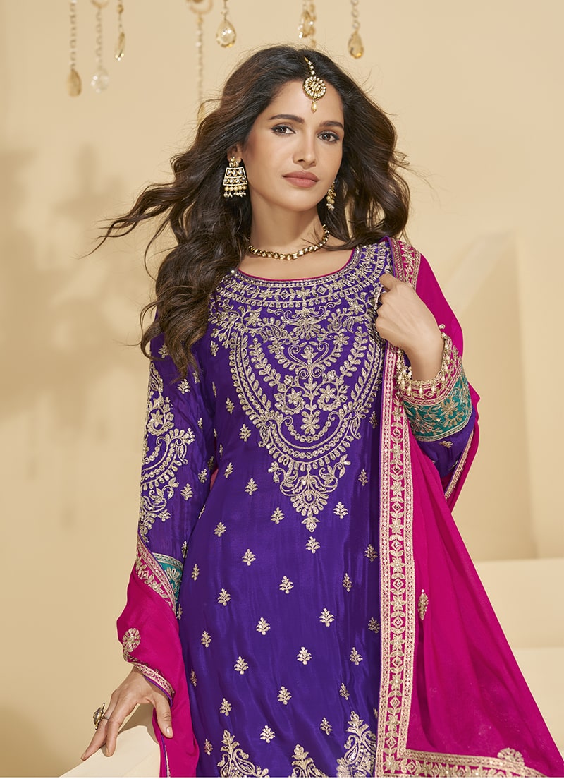 Women's Purple & Turquoise Chinon Silk Embroidered & Embellished Shara ...