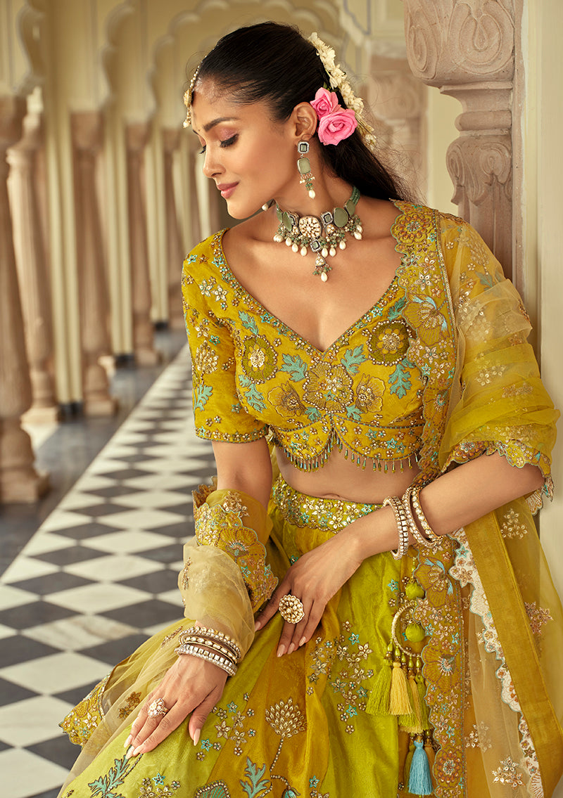Women's Lemon Silk Embroidered Birdal Lehenga Set – Trendia