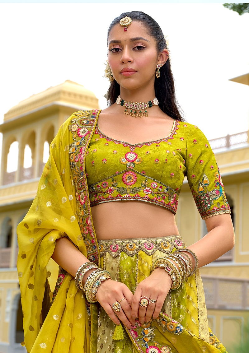 Women's Parrot Green Silk Embroidered Bridal Lehenga Set – Trendia
