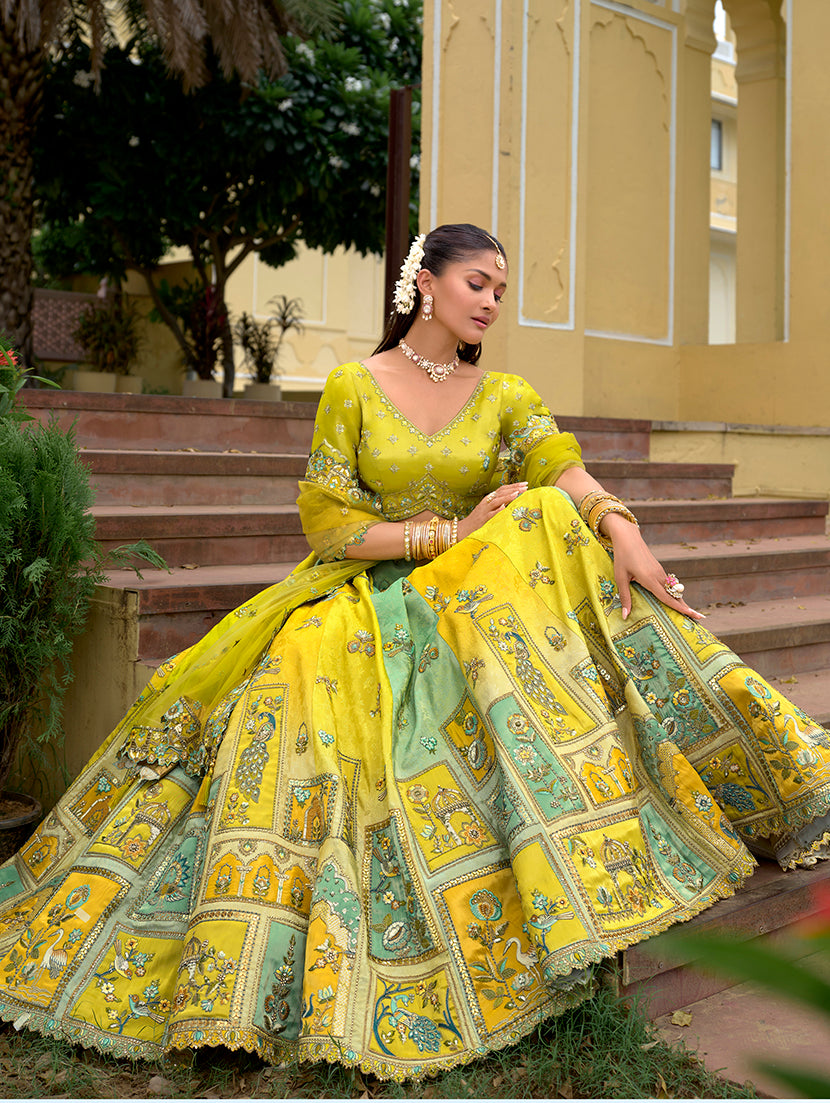 Women's Lime Silk Embroidered Bridal Lehenga Set – Trendia