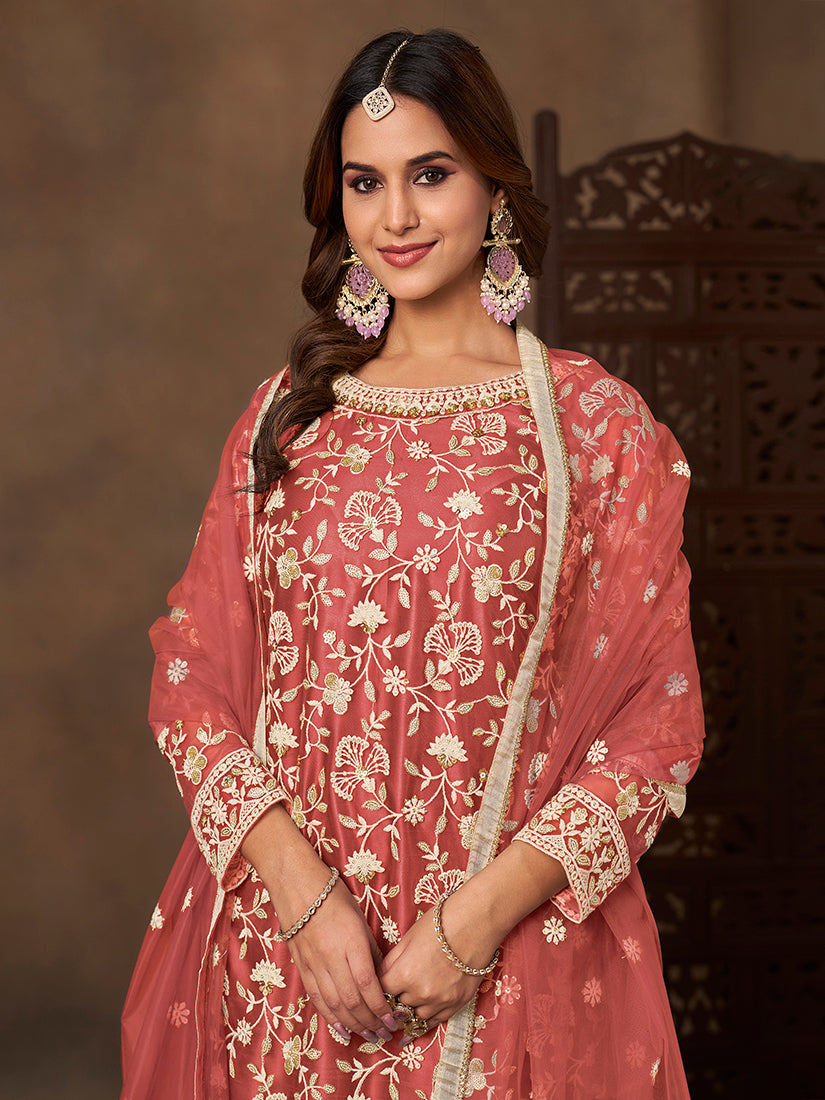 Women's Net Embroidered Coral Salwar Kameez – Trendia