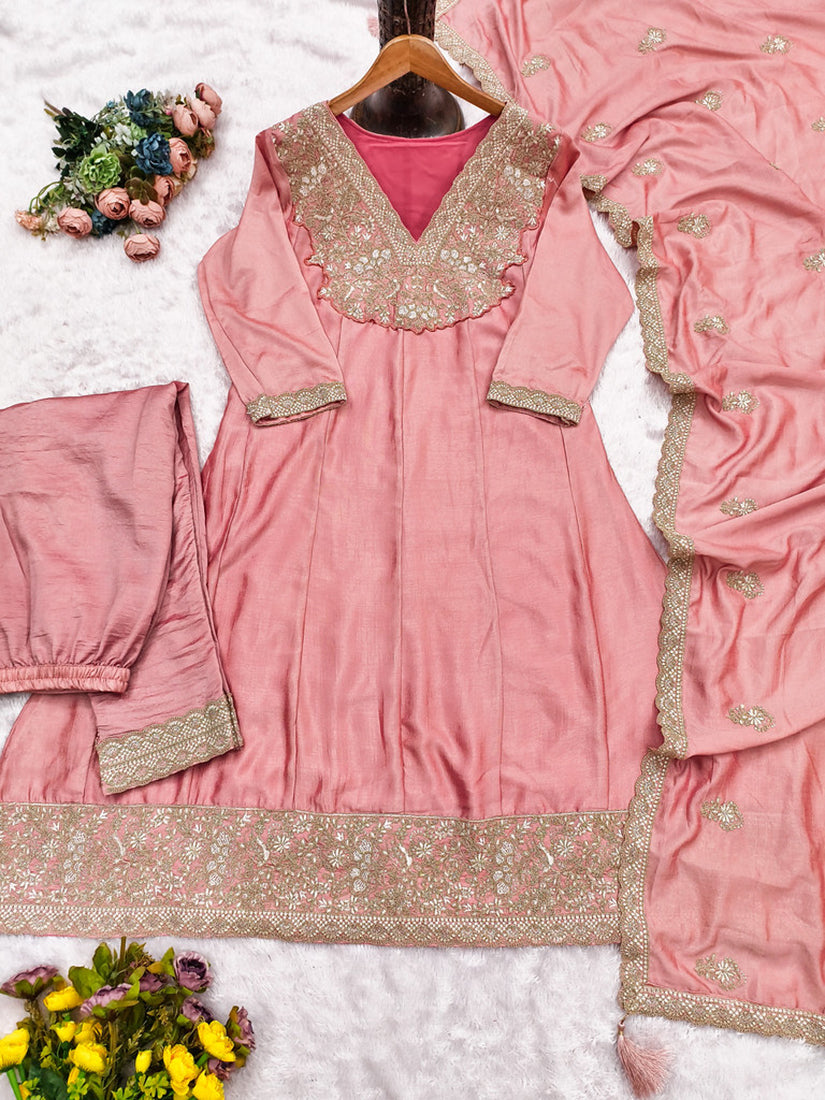 Women's Light Pink Anarkali Silk Suit With Sequin Embroidery – Trendia