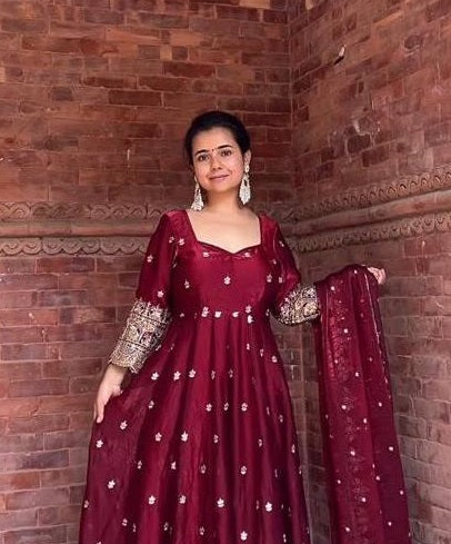 Women's Maroon Color Fendy Silk Anarkali Set – Trendia