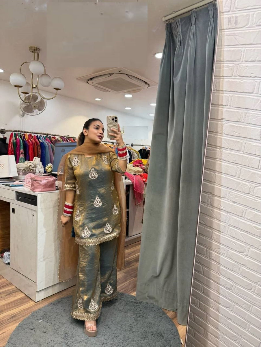 Women's Grey Color Fendy Silk Kurta Set – Trendia