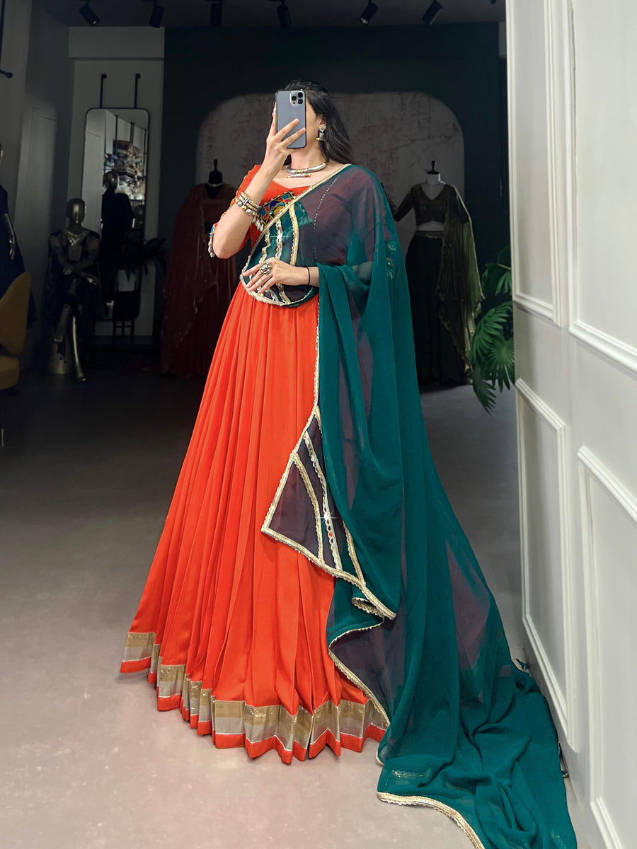 Women's Orange Rayon Mirror Gamthi Work And Cowrie (Kodi) With Gotta P ...